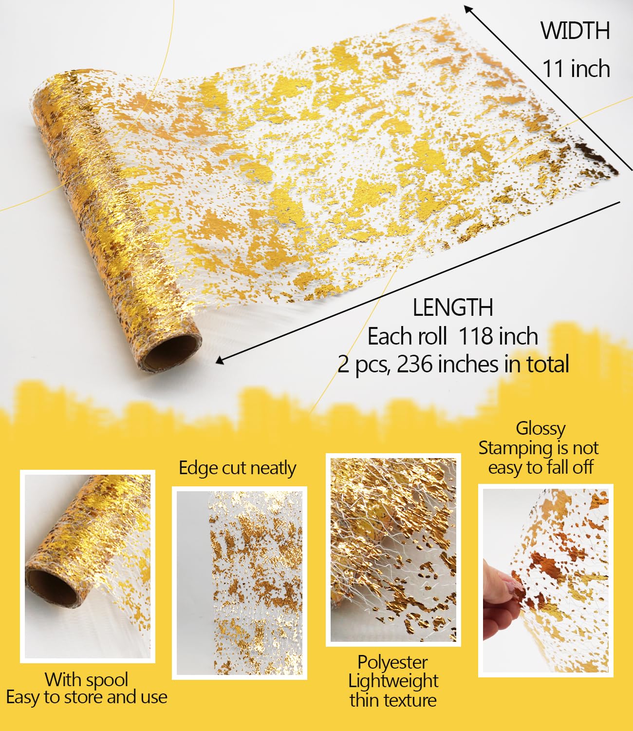 Gold Table Runner roll 11" x 118" 2 pcs - Gold Glitter Foil Metallic Thin Disordered Mesh Fabric Table Decoration for Christmas Party Birthday Wedding Home Decor