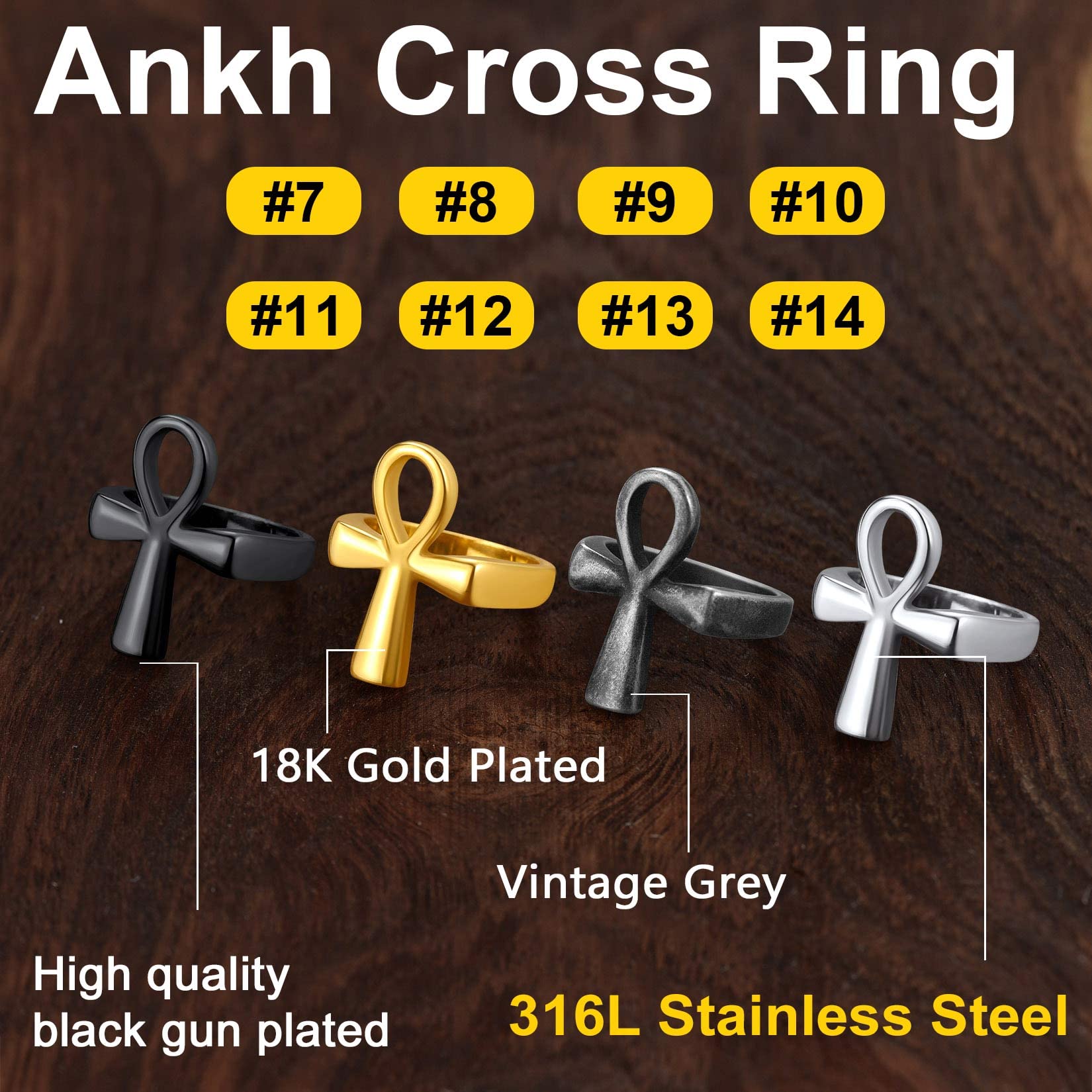 Black Stainless Steel Rings for Women Size 7 Protection Ring Ankh Cross Ring