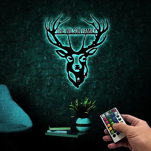 HUSSIO Personalized Deer Metal Wall Art With Led Lights, Custom Family Name Sign, Deer Decoration, Living Room Decor, Gift For Dad Deer Hunter Gift