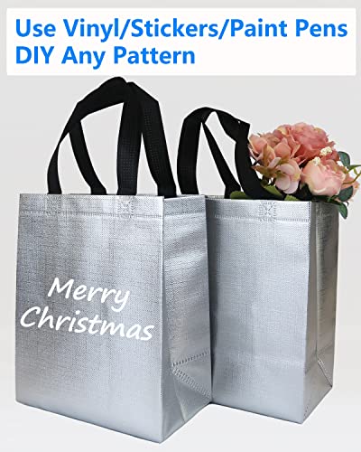 HUANN 6 Pcs Silver Gift Bags Medium Size Shine Reusable Gift Bags with Handles Metallic Glossy Non Woven Gift Bags for Wedding Christmas Party Birthday 8 x 5 x 10 Inch