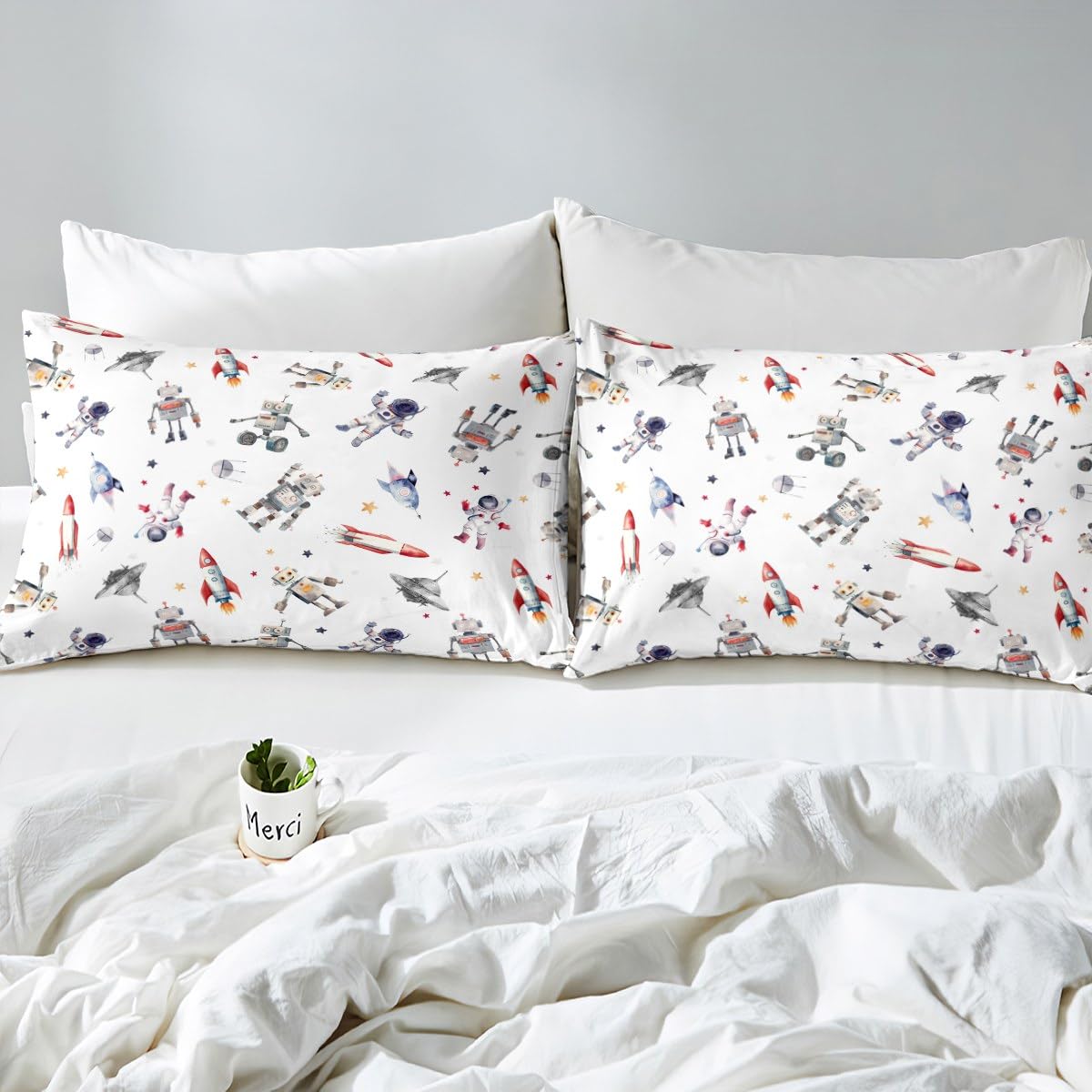 Cute Robot Rocket Fitted Sheet Twin Size,Kids Astronaut Universe Exploration Bedding Set for Boys Teens Bedroom Decor,Cartoon UFO Starry Sky Galaxy Bed Sheet Soft White Deep Pocket Sheet 2Pcs