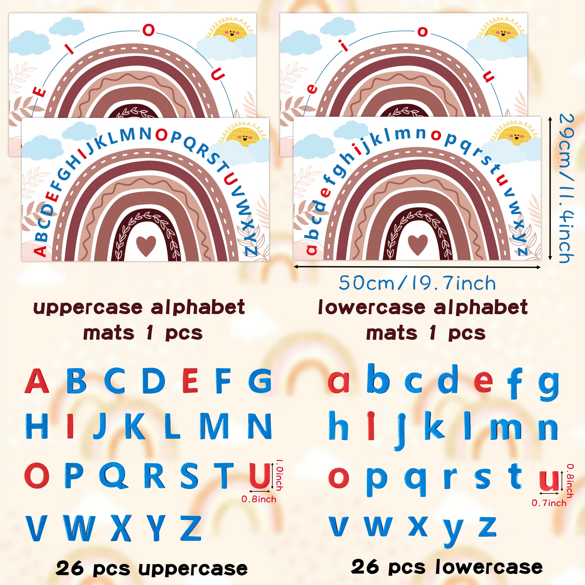 BeYumi 2Pcs Double Sided Boho Rainbow Alphabet Arch Mats with Foam Letters ABC Uppercase Lowercase Alphabet Recognition Activity Spelling Learning Educational Toy for Toddlers Preschool Kindergarten