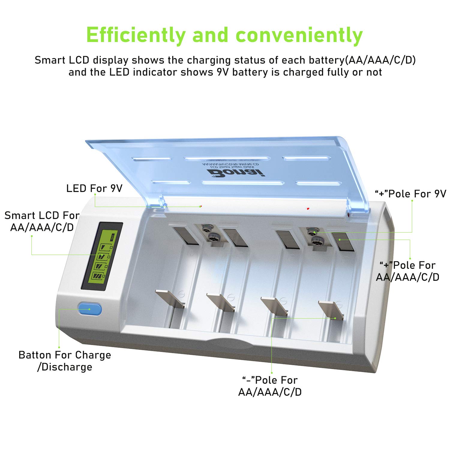 BONAI Battery Charger for C D AA AAA Rechargeable Batteries, No Battery Included