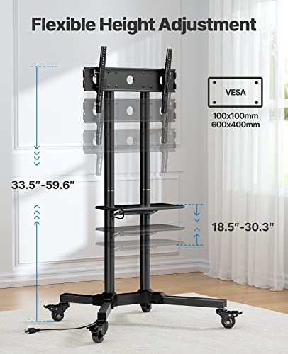 HUANUO TV Stand with Power Outlet, Rolling TV Stand for 32-85 Inch Flat/Curved LED TVs, Tilt TV Cart with Adjustable Shelf, Mobile TV Stand on Wheels Holds up to 132 lbs Max VESA 600x400mm HNTVMC01