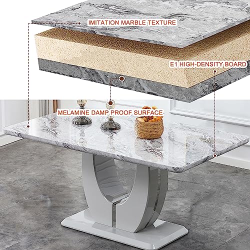JUFU Modern Dining Table Set for 6,Rectangula Kitchen Table Set with Faux Marble Tabletop&6 Pu Leather Upholstered Chairs Ideal for Dining Room, Kitchen