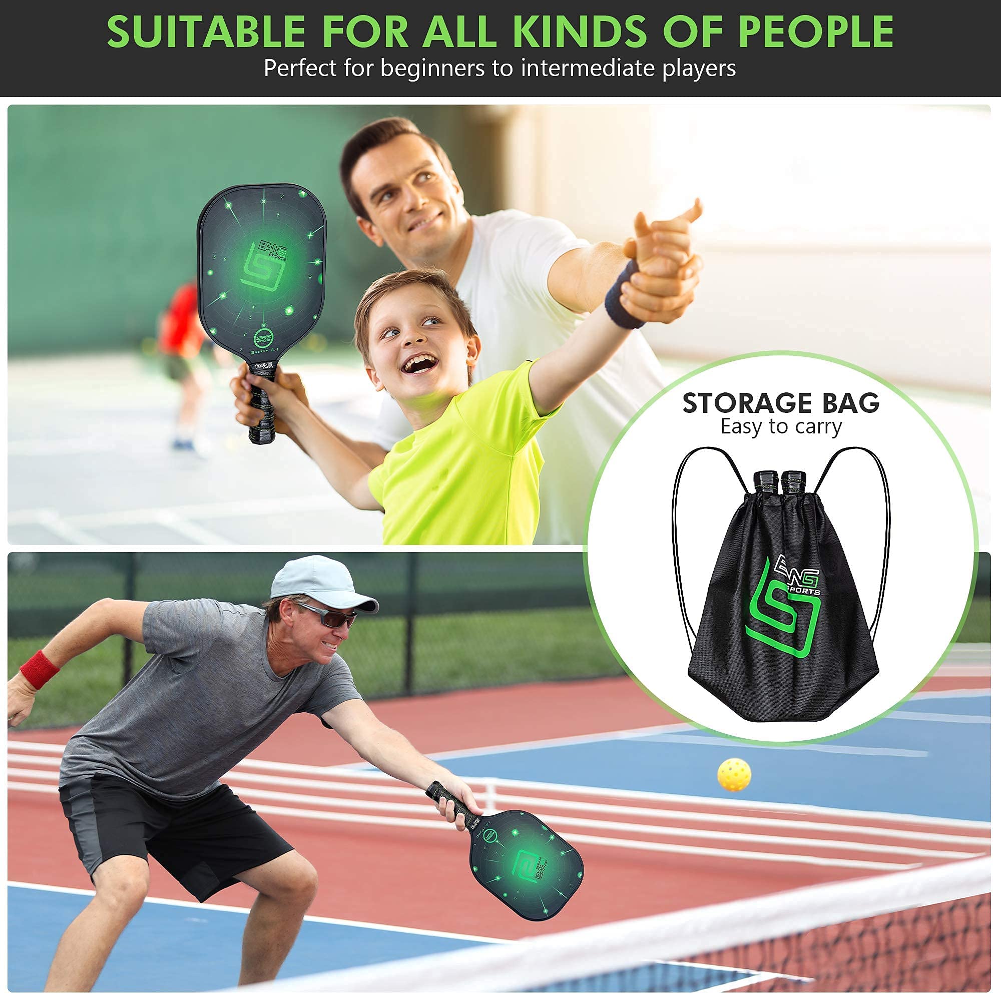 Bang Sports Pickleball Paddles Set of 2 Graphite Rackets - USAPA Approved - Best Quiet Carbon Fiber Surface - Advanced Honeycomb Polymer core - Paddles Covers - Mesh Storage Bag