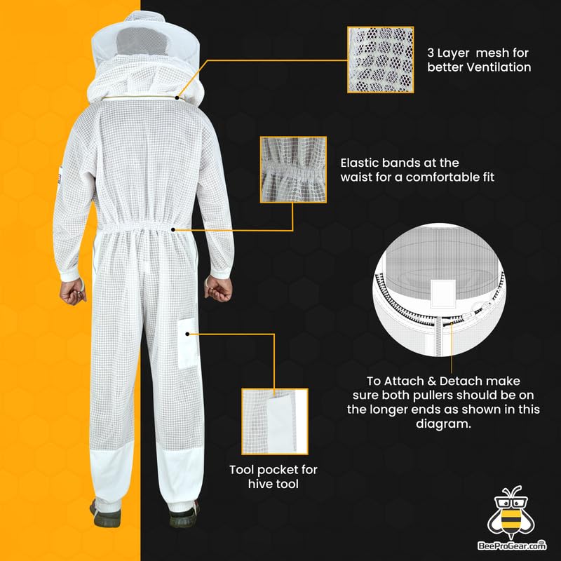 BeeProGear Ultra Ventilated Suit Round Veil White | Bee Keeping Suit with Round Veil Hat| Unisex Polycotton Beekeeper Suit | 3 Layer Protective Suit (Small)