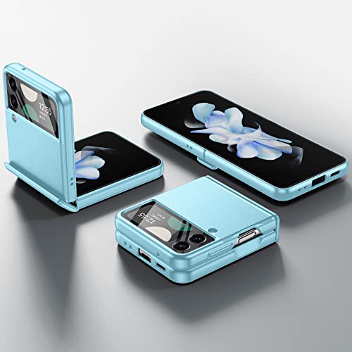 for Samsung Z Flip 4 Leather Case: Spring Hinge Protection & Camera Lens Protector Metal Volume Key Protective Slim Thin Shockproof Phone Case for Galaxy Z-Flip4 5G (Blue)
