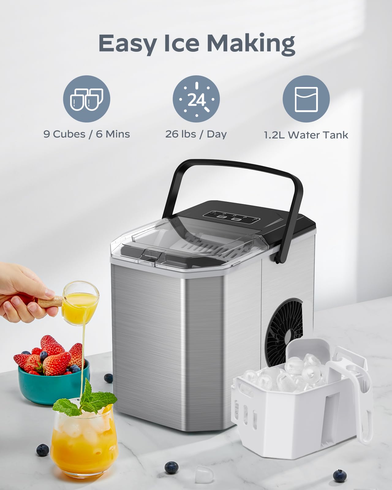 Silonn Stainless Steel Ice Maker Countertop, Stainless Steel Portable Ice Machine with Carry Handle, Self-Cleaning Ice Makers with Basket and Scoop, 9 Cubes in 6 Mins, 26 lbs per Day