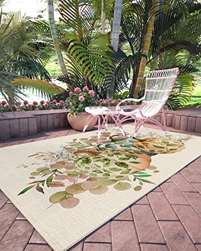 Leaves Pumpkins Large Rectangular Area Rugs 5' x 7' Living Room, Durable Non Slip Rug Carpet Floor Mat for Bedroom Bedside Outdoor Fall Thanksgiving Green Eucalyptus Burlap