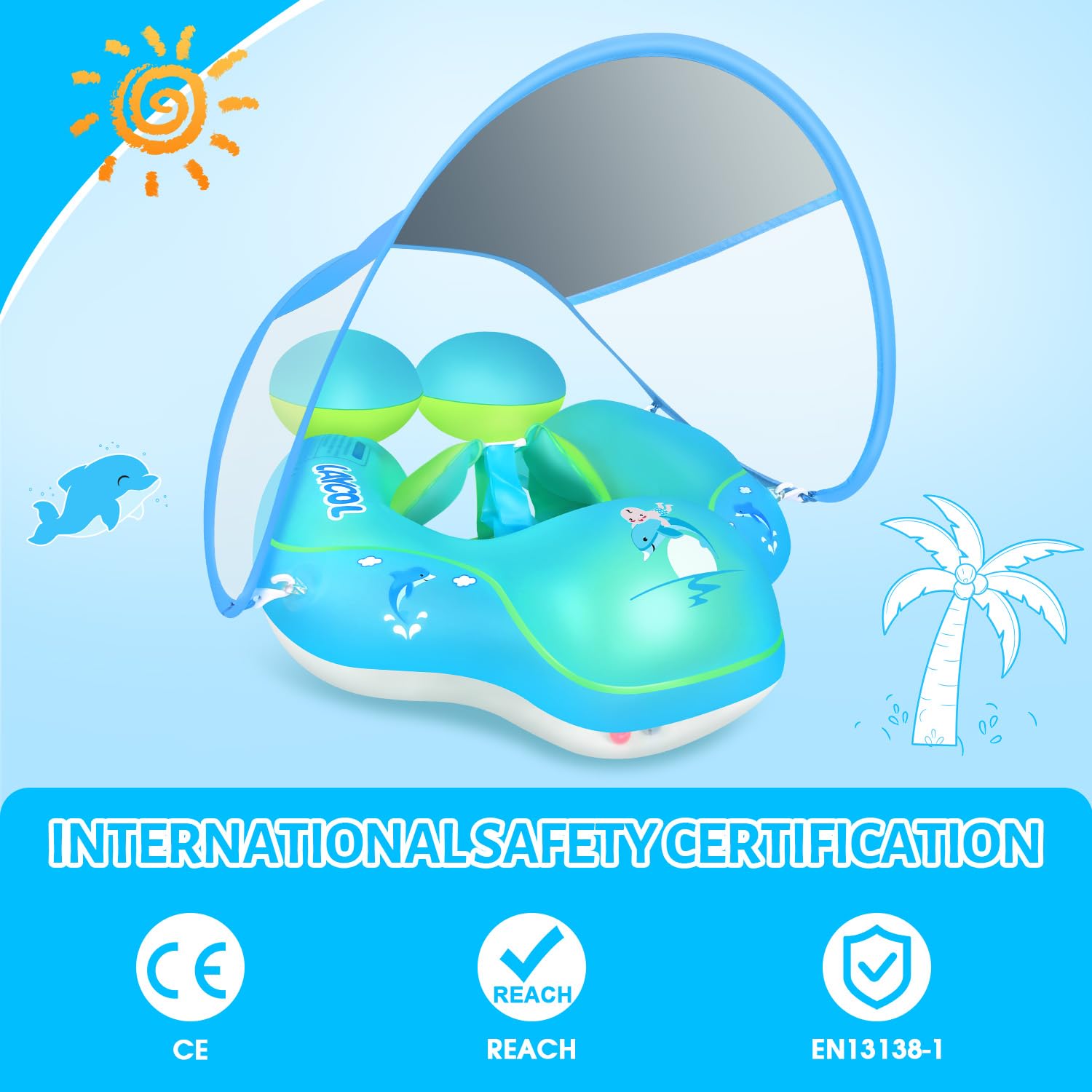 LAYCOL Baby Swimming Pool Float with Removable UPF 50+ UV Sun Protection Canopy,Toddler Inflatable Pool Float for Age of 3-36 Months,Swimming Trainer (Blue, L)