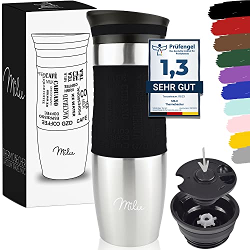 Milu Thermo Mug Insulated Cup Coffee & Tea Mug to go - 370ml, 450ml 100% leak proof - Stainless Steel Drinking Mug - vacuum insulation flask - Hot & Cold - Travel Mug (Black, 12oz (370ml))
