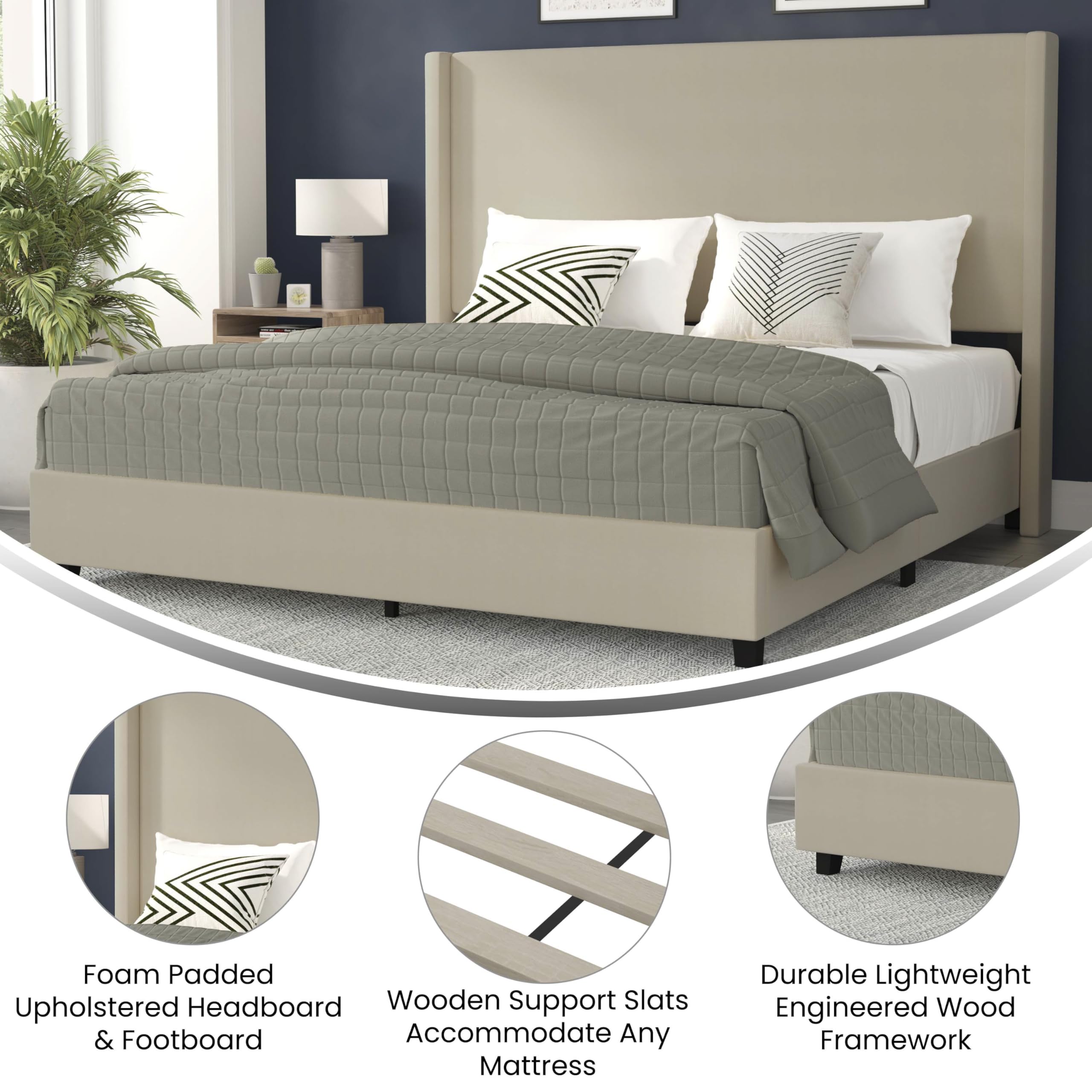 EMMA + OLIVER Nora Wingback Platform Bed - Beige Faux Linen Upholstery - Durable Engineered Wood Frame - No Box Spring Needed - Lightweight Design - King