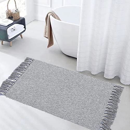 JE JOUE Boho Bathroom Rug 2'x3' Grey,Hand Woven Tassel Solid Color Area Rug, Washable Bedroom Runner mat for Laundry Kitchen Outdoor Bathroom Dorm entryway