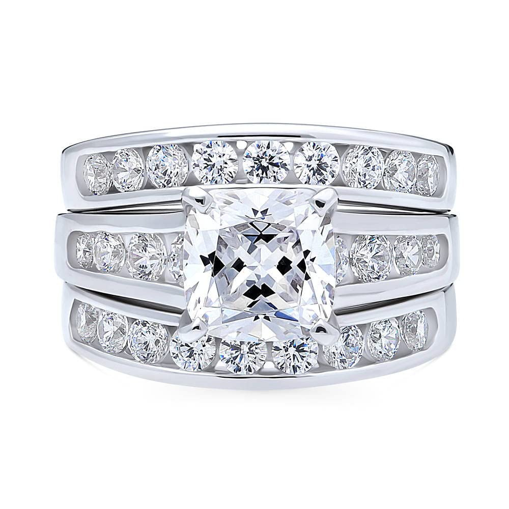 BERRICLE Sterling Silver Solitaire Wedding Engagement Rings 3 Carat Cushion Cut Cubic Zirconia CZ Ring Set for Women, Rhodium Plated Size 7