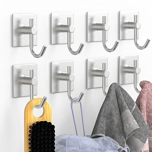 HUFEEOH Adhesive Hooks for Hanging, Shower Hooks Sticky Hooks for Hanging Loofah, Purse, Towel Holder Wall Hangers for Bathroom, Kitchen, Office, Rv (Silver)