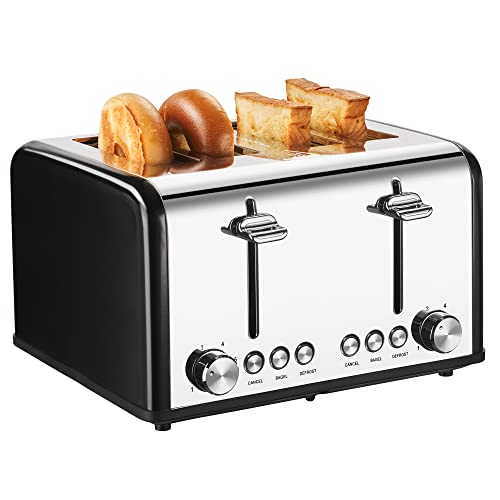 REDMOND Toaster 4 Slice Stainless Steel, Wide Slots 4 Slice Toaster with Bagel Defrost Cancel Function 6 Bread Shade Settings for Bread waffles Auto Shutoff Black