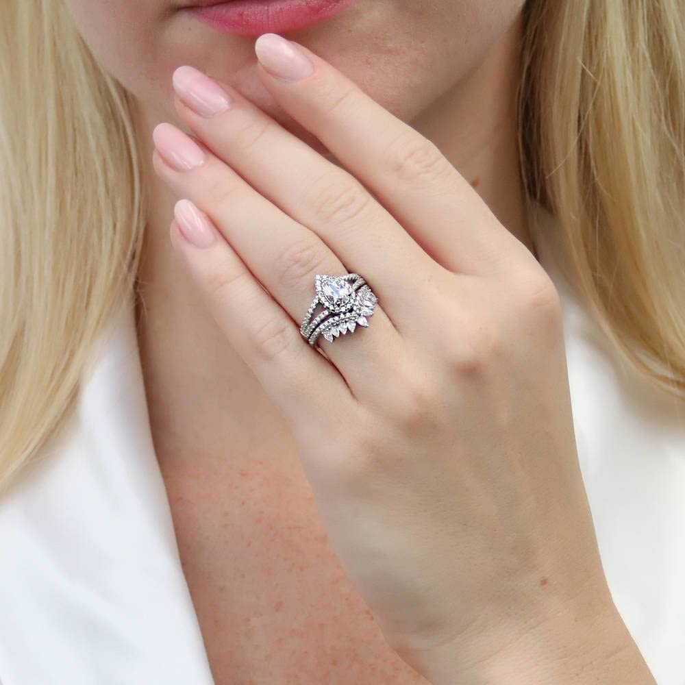 BERRICLE Sterling Silver Halo Wedding Engagement Rings Pear Cut Cubic Zirconia CZ Split Shank Ring Set for Women, Rhodium Plated Size 6