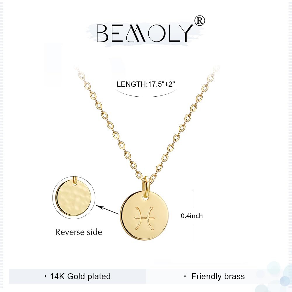 Befettly Constellation Necklace Pendant 14K Gold-Plated Hammered Round Disc Engraved Star Sign Pendant 17.5ββ Adjustable Dainty Necklace NK-Pisces