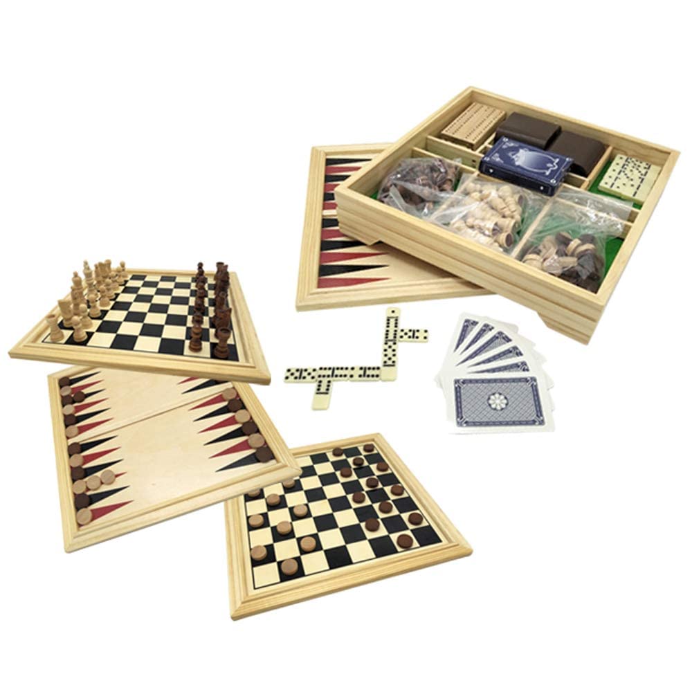 KAILE Deluxe 11.8 Inch 7 in 1 Board Game Set - Chess Set, Checkers, Backgammon, Dominoes, Playing Cards, Poker Dices and Cribbage