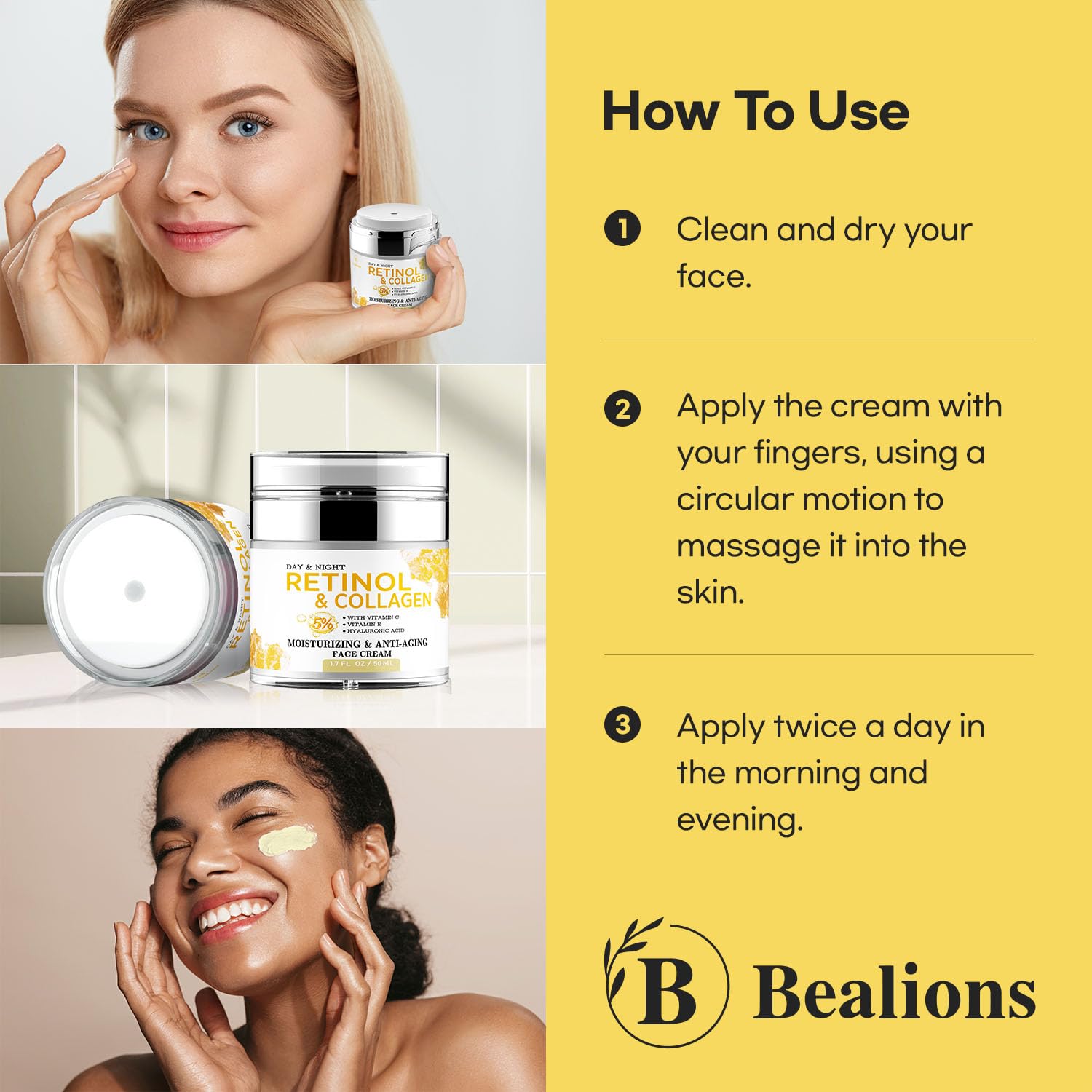 Bealions Retinol Collagen Cream - Hydrating Hyaluronic Acid Face Moisturizer, Anti-Aging & Firming, Vitamin C+E, for All Skin Types, USA-Made, 1.7 Fl Oz