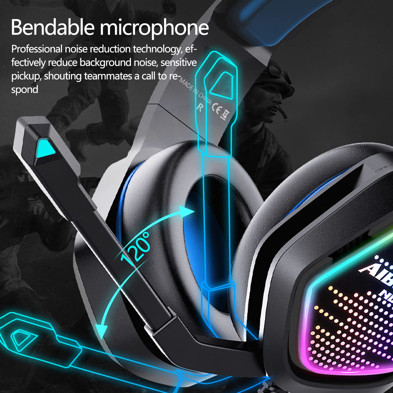 BFMODFAF V100 Surround Sound Professional Gaming Headset with Noise Cancelling Over Ear Headphones with Mic, LED Light, Bass Surround, Soft Memory Earmuffs - for PC, PS4, PS5, Xbox One, Switch (Blue)