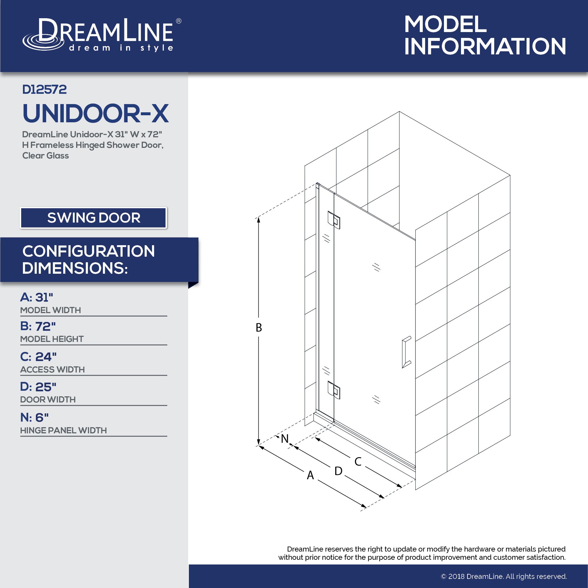 DreamLine Unidoor-X 31 in. W x 72 in. H Frameless Hinged Shower Door in Oil Rubbed Bronze, D12572-06