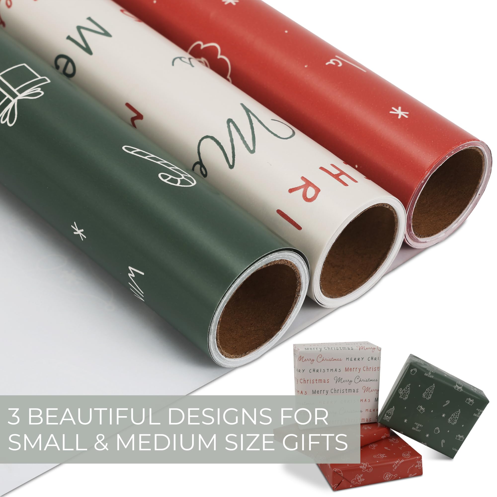 Beautiful Christmas Gift Wrapping Paper Rolls - Set of 3 Quality Paper Rolls With Cute Designs For Small & Medium Size Gifts - Add a Touch of Magic to Every Gift You Wrap - 17 in x 120 in Per Roll