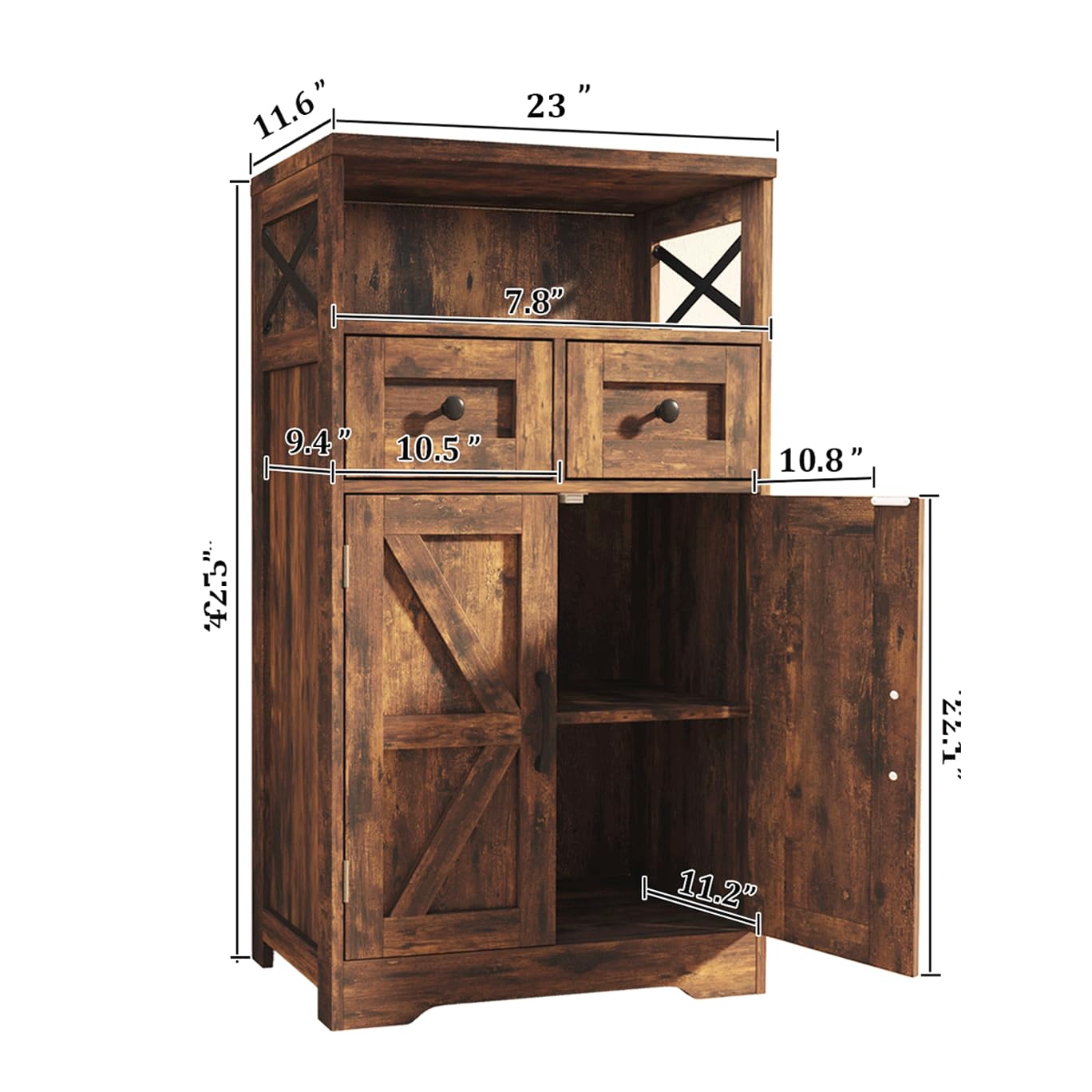 Befrases Farmhouse Storage Cabinet with Drawers and Shelves, Freestanding Kitchen Pantry Storage Cabinet, Floor Storage Cabinet Hutch Cupboard for Dining/Living Room/Home Office, Rustic Brown