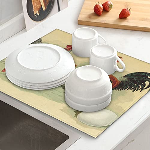 Italian Chickens Printed Drying Mat For Kitchen Ultra Absorbent Microfiber Dishes Drainer Mats Non-Slip Silicone Quick Dry Pad - 18 X 16inch
