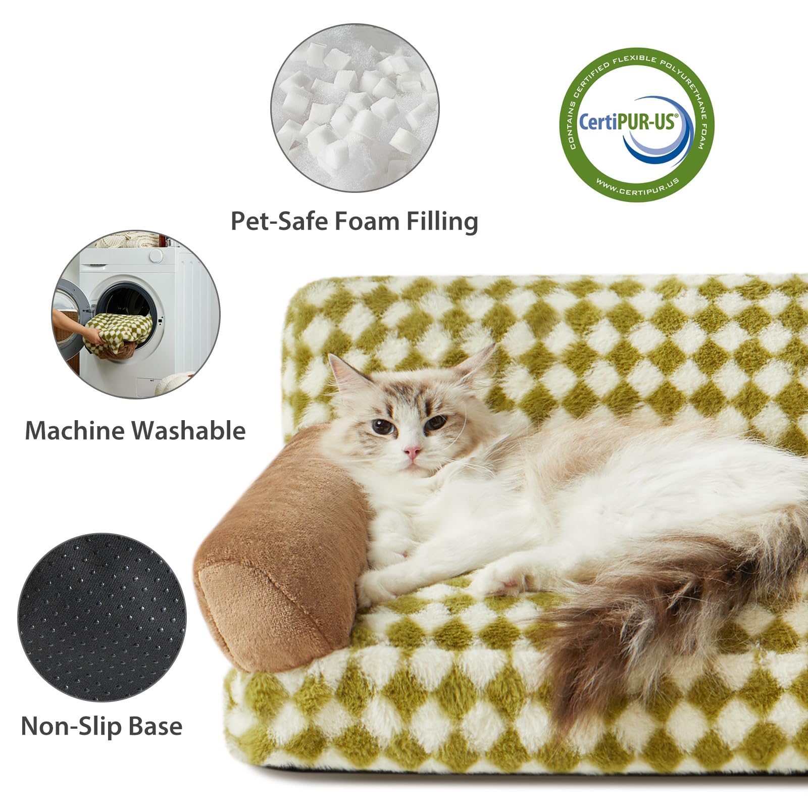 BFPETHOME Cat Couch Bed & Dog Couch Bed, Pet Couch Bed for Small Pet, Cute Dog Sofa Bed, Cat Sofa & Pet Sofa with Non-Slip Bottom, Checkered Dog Bed with Washable Cover (Green&White)