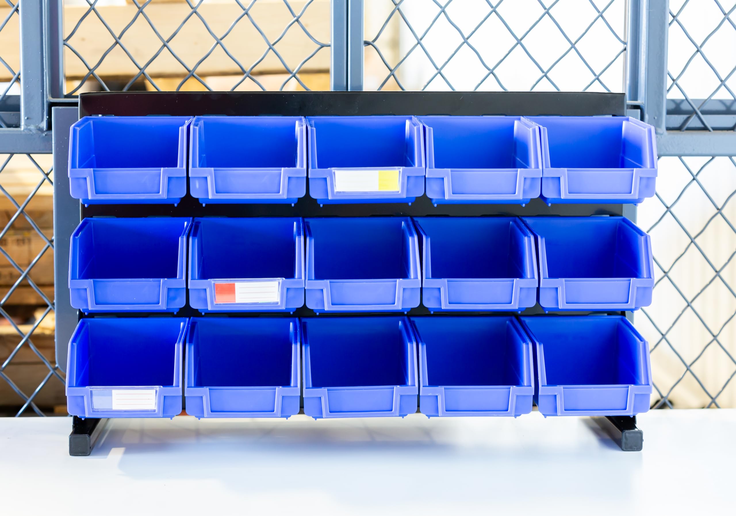 DJC Supply Heavy Duty Storage Bin Set & Steel Panel for Hanging Bin, Bench Mountable Steel Rolled Panel, 15 Bins included, Great for organzing Tools, Parts, and More. (20"X13" Bench Panel Set)