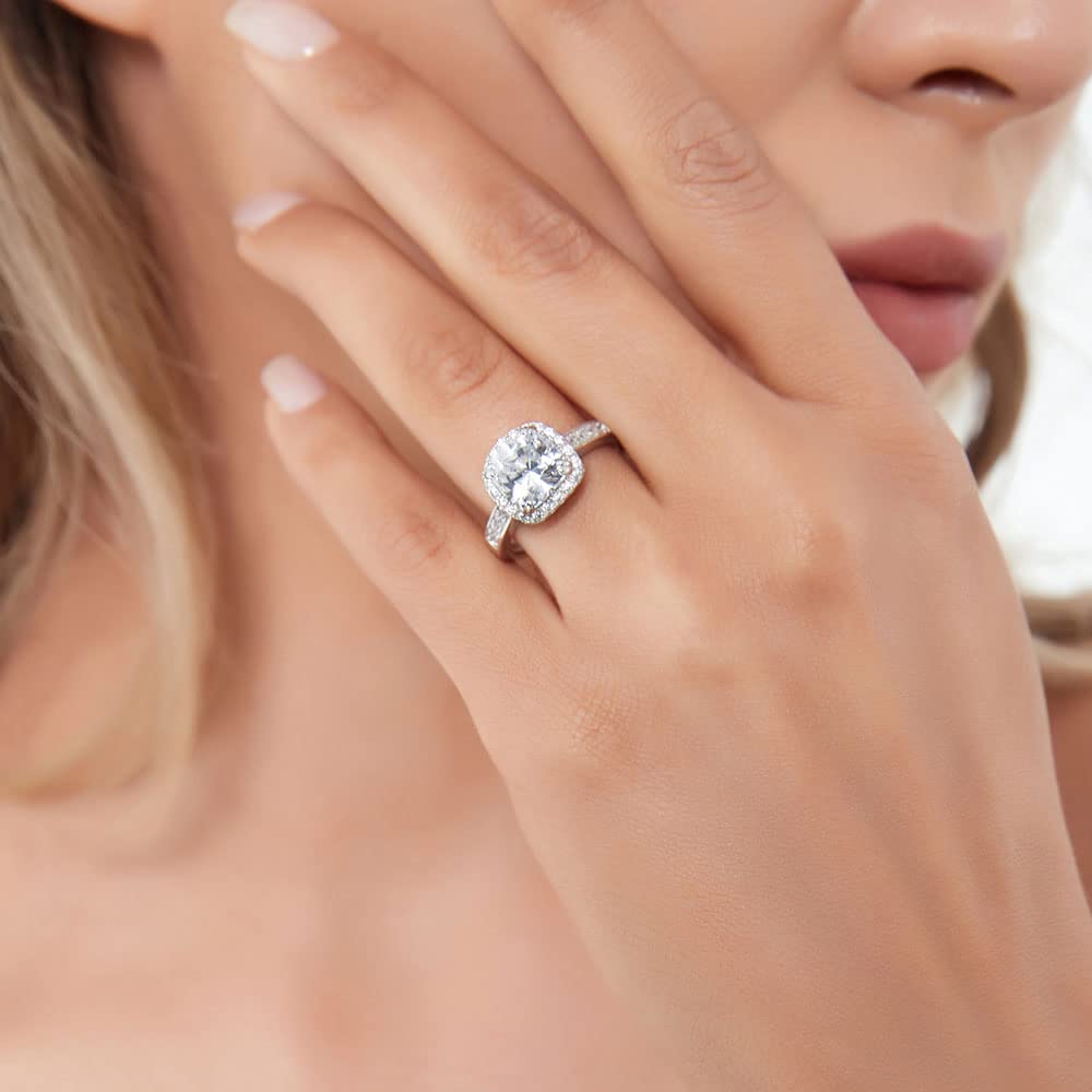 BERRICLE Sterling Silver Halo Wedding Engagement Rings Cushion Cut Cubic Zirconia CZ Ring for Women, Rhodium Plated Size 8
