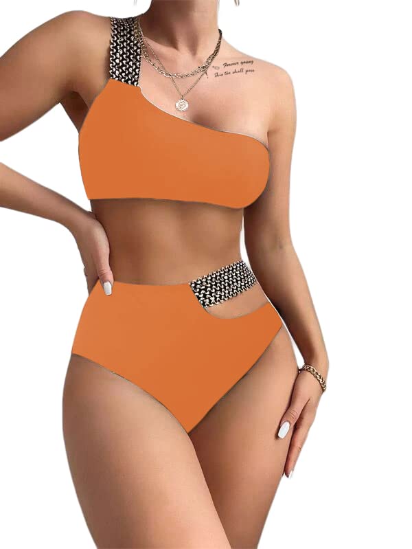 Avanova Women's Sexy One Shoulder Bikini Set Cut Out High Waisted 2 Piece Swimsuit Bathing Suit Orange Small