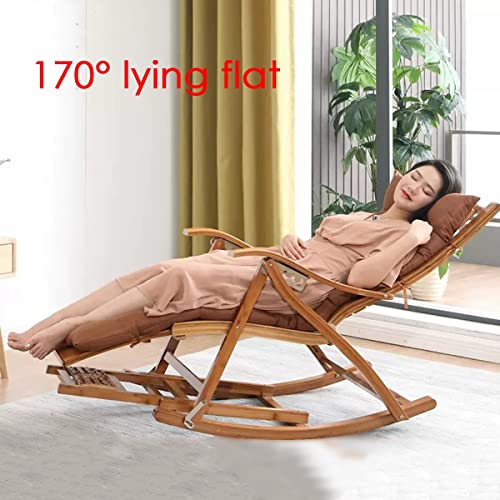 LEIYTFE Wood Recliner Folding Relaxing Chair with Footrest,Comfy Rocking Armchair with Upholstered,Comfy Glider Rocker Chair for Balcony Patio,Adjustable Back (Color : Brown)