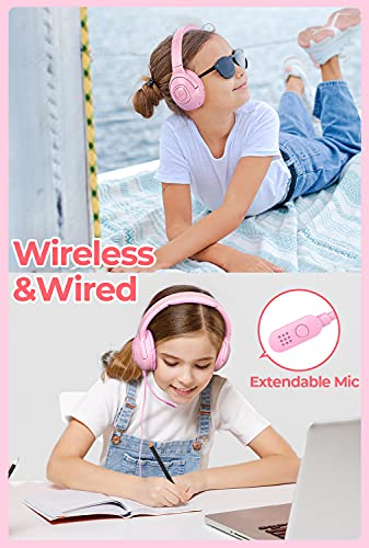 E5 Kids Wireless Headphones with Microphone, Bluetooth 5.0 Over Ear Wireless Kids Headphones with Volume Control 85dB/93dB, 40H Playtime,Sharing Function,for School/iPad/Tablet/Boys/Girls (Pink)