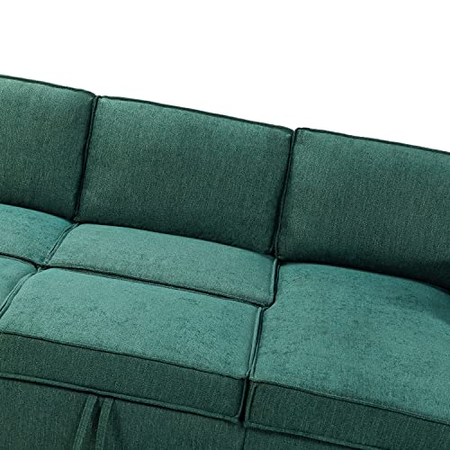 HULALA HOME Modern Sectional Sleeper Sofa, 3-seat L-Shaped Wide Couch with Storage Chaise, Pull Out Sleeper for Small Space, Living Room, Apartment and Office(Teal)