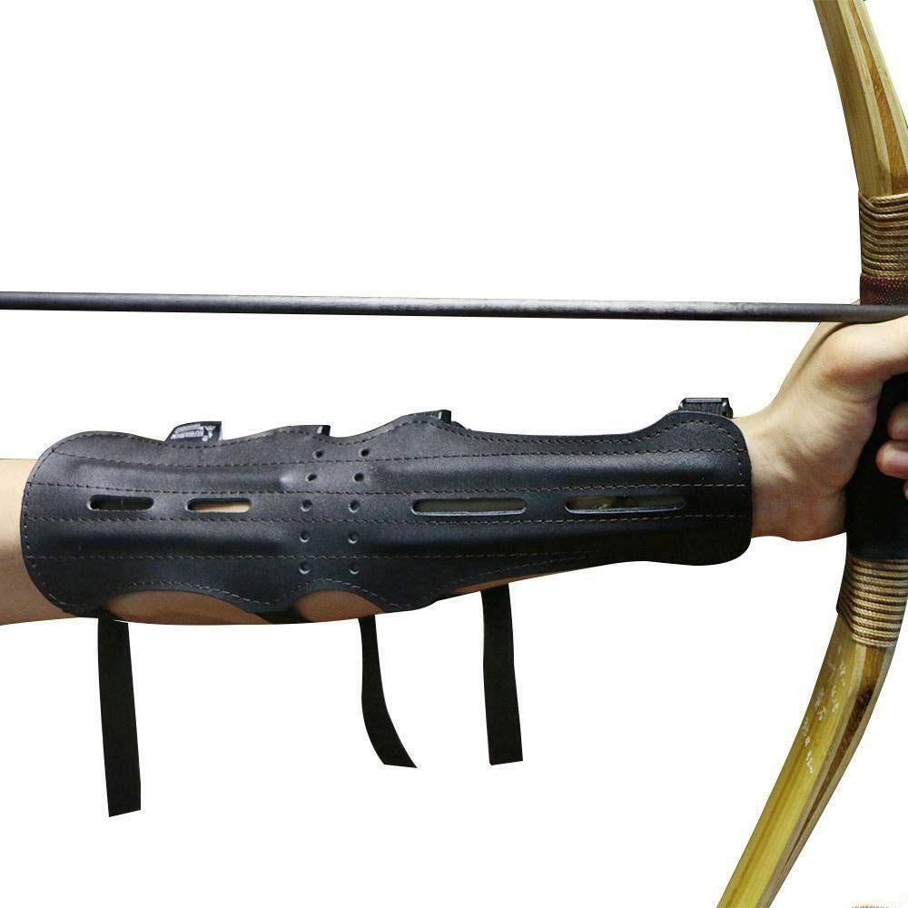 Archery Leather Arm Guard Long 4 Straps Forearm Protective Gear Hunting Arrow Bow (1PCS)