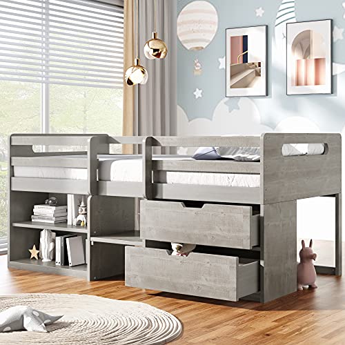DRELOFT Twin Size Low Loft Bed with 2 Storage Shelves and 2 Drawers, Wooden Storage Bed Loftbed Frame for Kids Boys Girls Bedroom, No Box Spring Needed, Antique Gray