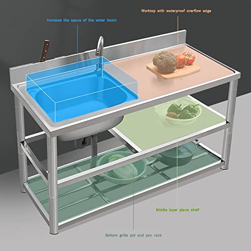 Freestanding Stainless Steel Sink 304 Stainless Steel Utility Sink Freestanding 1 Compartment Kitchen Sink with Worktop Commercial Restaurant Sink Set Commercial/Industrial Sink