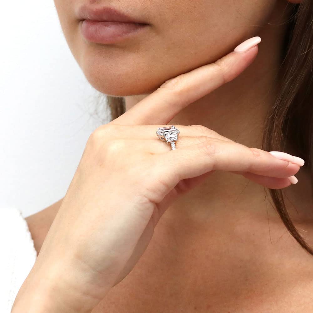 BERRICLE Sterling Silver 3-Stone Wedding Engagement Rings Step Emerald Cut Cubic Zirconia CZ Halo Ring for Women, Rhodium Plated Size 9
