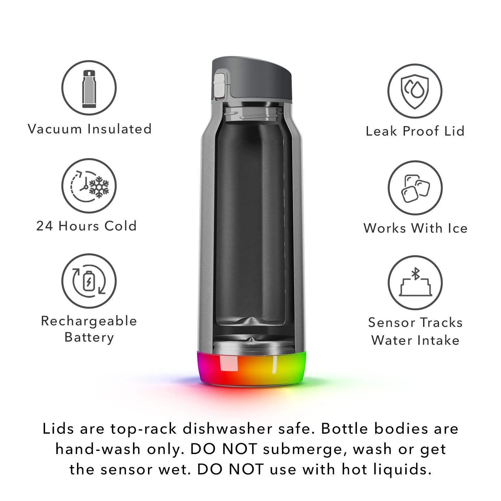 Hidrate Spark PRO Smart Water Bottle β Insulated Stainless Steel β Tracks Water Intake with Bluetooth, LED Glow Reminder When You Need to Drink β Chug Lid, 32oz, Brushed Steel