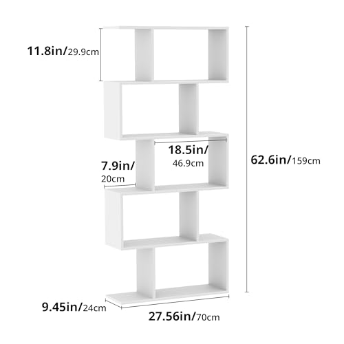 Cozy Castle Set of 2 Geometric Bookcase, S-Shaped Modern Bookshelf, Room Divider Bookshelf, 62" Tall Unique Abstract Bookcase with 5-Tier Display Shelf for Living Room Office, White