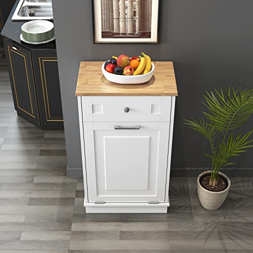 Goodyo Tilt Out Kitchen Trash Can Cabinet Wooden Trash Can Holder, Oak Top ,White w/ Drawer