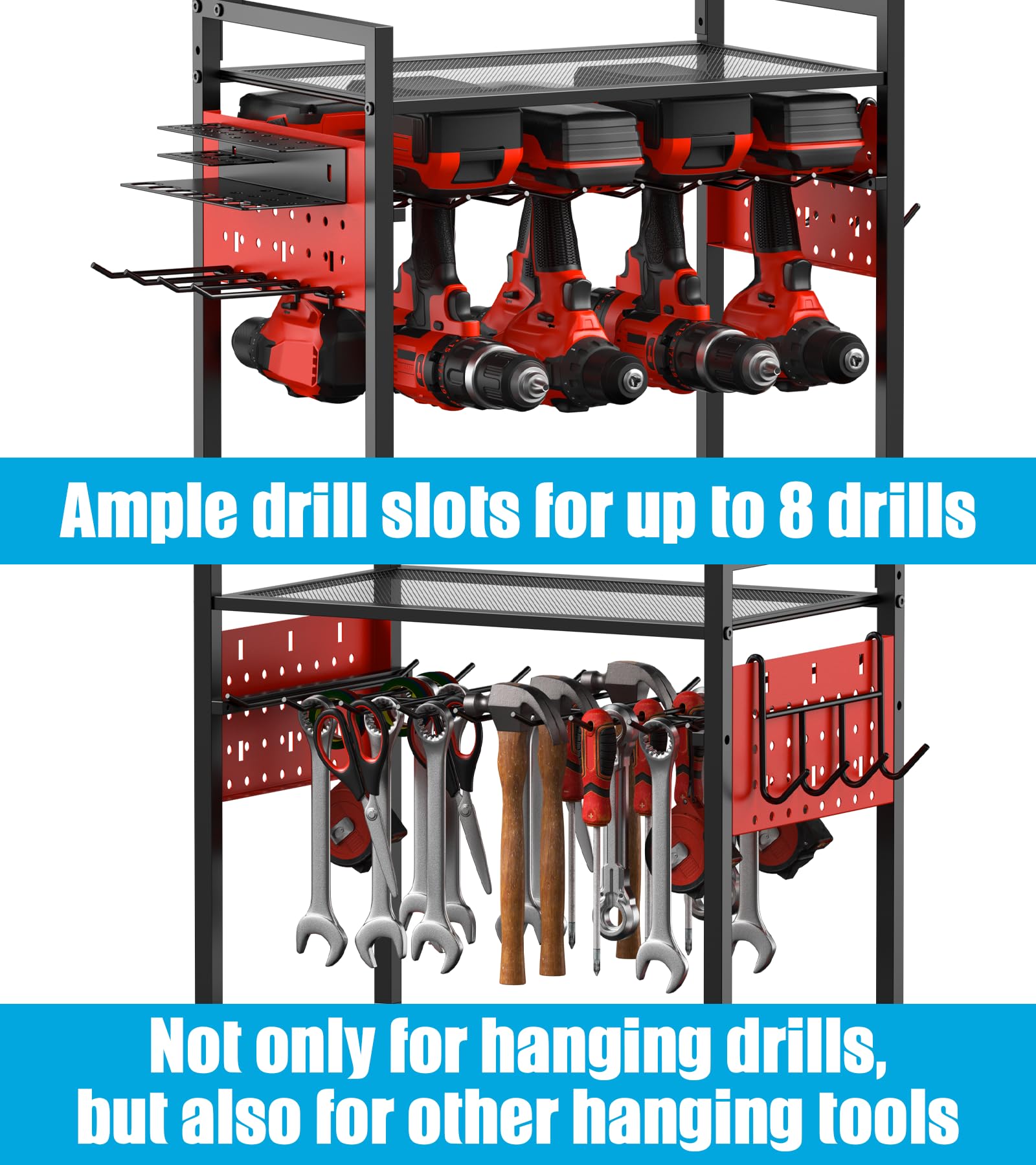 CCCEI Garage Power Tools Organizer Cart with Charging Station, Floor Standing Drill and Tools Battery Storage Cart with Cabinet. Utility Rack Gift for Men, Husband, Father Red.