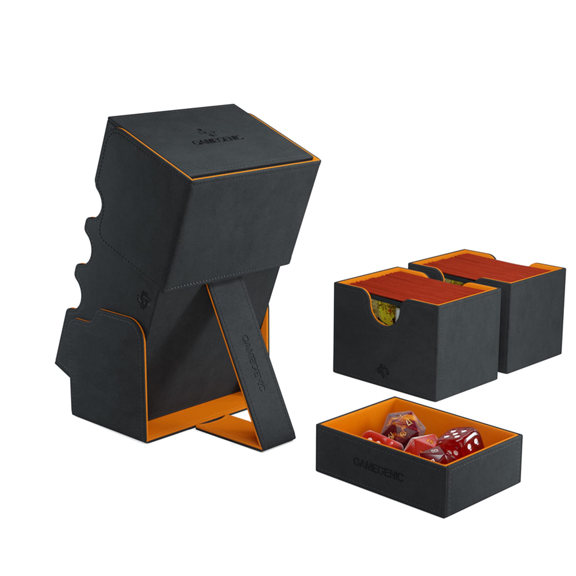 GameGenic Stronghold 200+ XL Convertible Deck Box | Double-Sleeved Card Storage | Card Game Protector | Nexofyber Surface | Holds up to 200 Cards | Black and Orange Color (GGS20071ML)