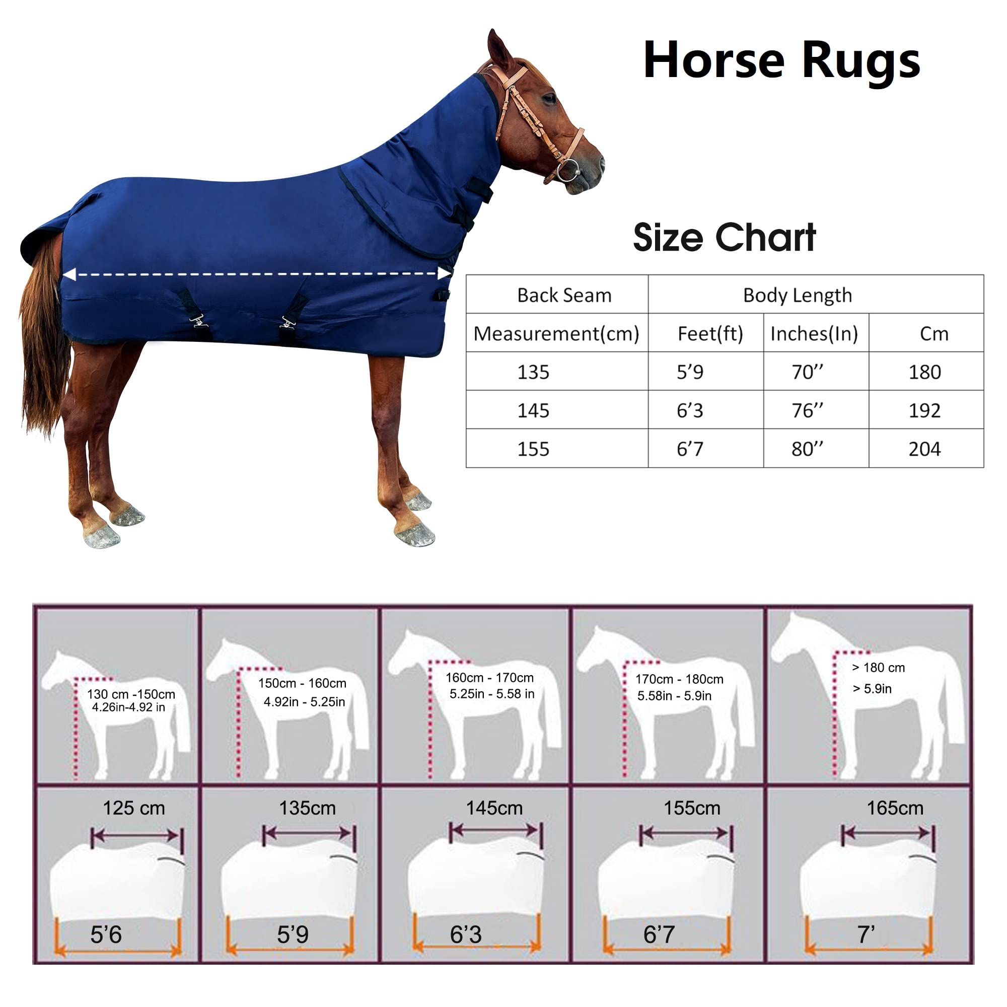 Waterproof Horse Turnout Blanket,Medium Weight Winter HorseTurnout Blanket (220g Fill) with Detachable Neck Cover,Blanket for Horse - Blue - 72 in