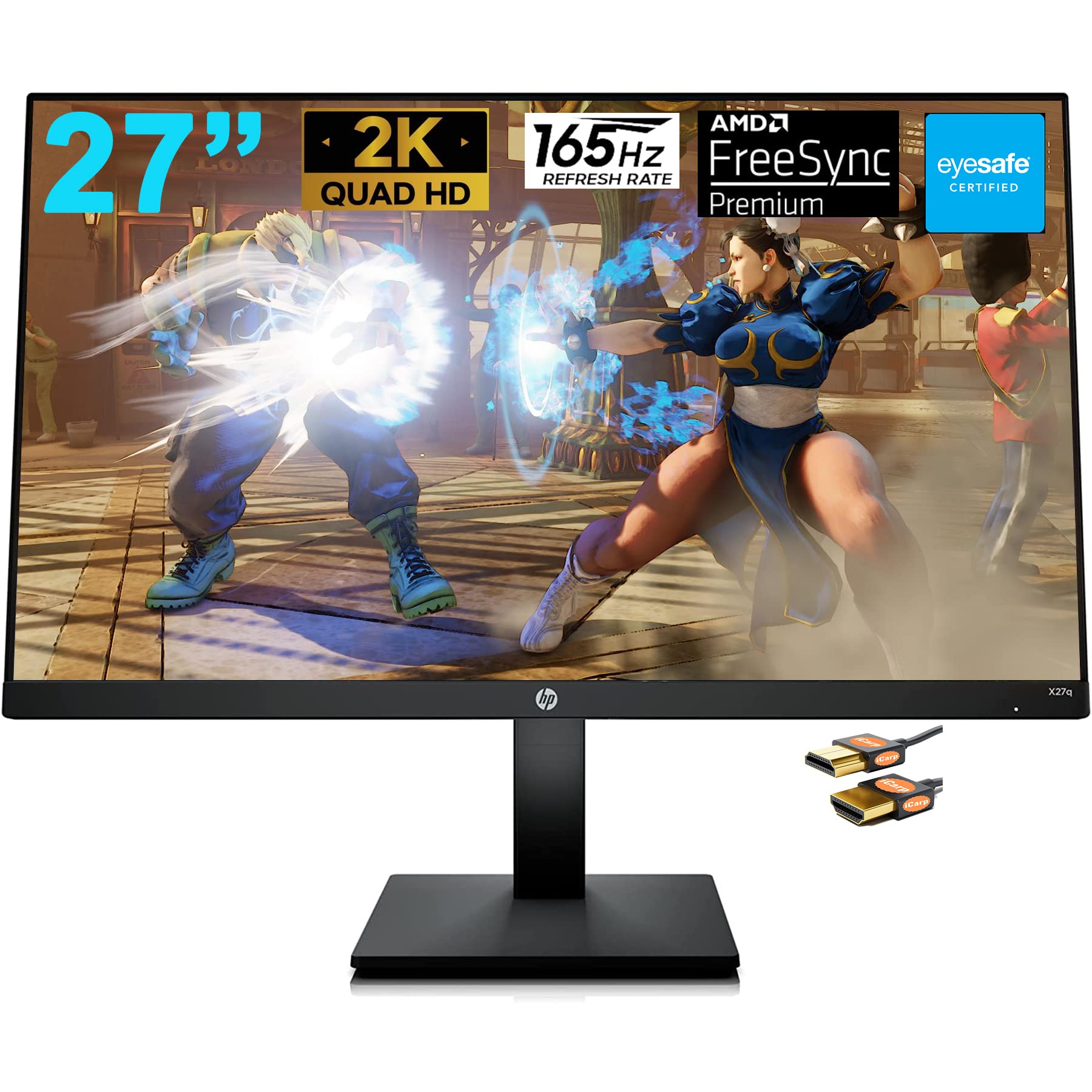 HP 27 Gaming Monitor 27” QHD (2560 x 1440) IPS Panel 165Hz Refresh Rate 1ms Response time 400 nits HDR400 AMD FreeSync Low Blue Light Mode Anti-Glare + HDMI Cable