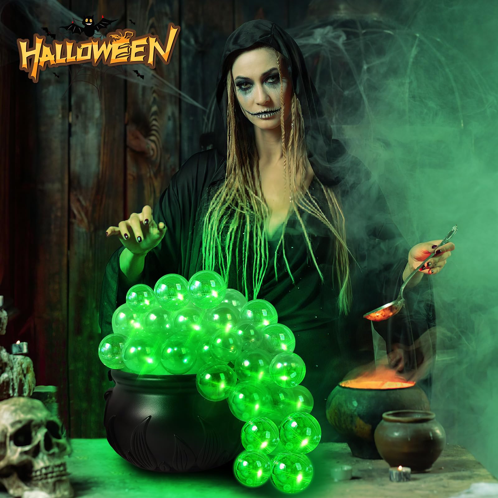 BHLUUIYER Halloween Decorations Indoor - DIY Bubbling Cauldron Set with Light, Halloween Hocus Pocus Party Decor Black Plastic Candy Bowl Decor Bucket Decorations for Home Mantle Kicthen