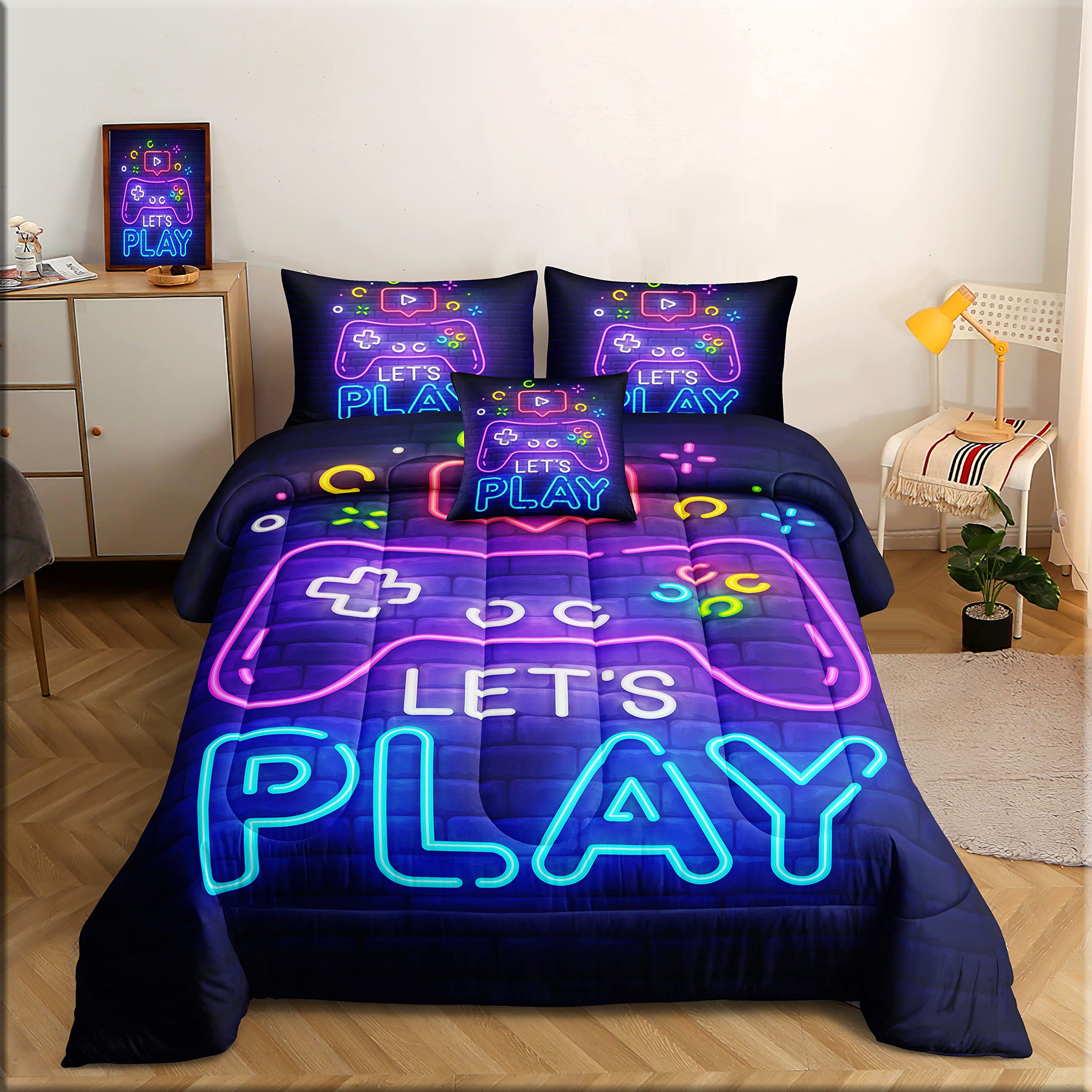 ROWADALO 6 Pieces Gamer Bedding Set for Boys Gaming Comforter Queen Size, Game Controller Comforter for Teen 3D Gamepad Microfiber 6 Piece Bed in A Bag Kids Bedding Sets with Sheets,DJT H5030 Queen